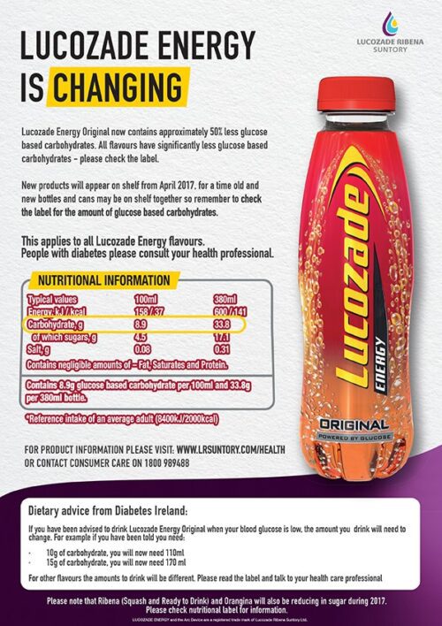 Lucozade formulation is changing - Diabetes Ireland : Diabetes Ireland